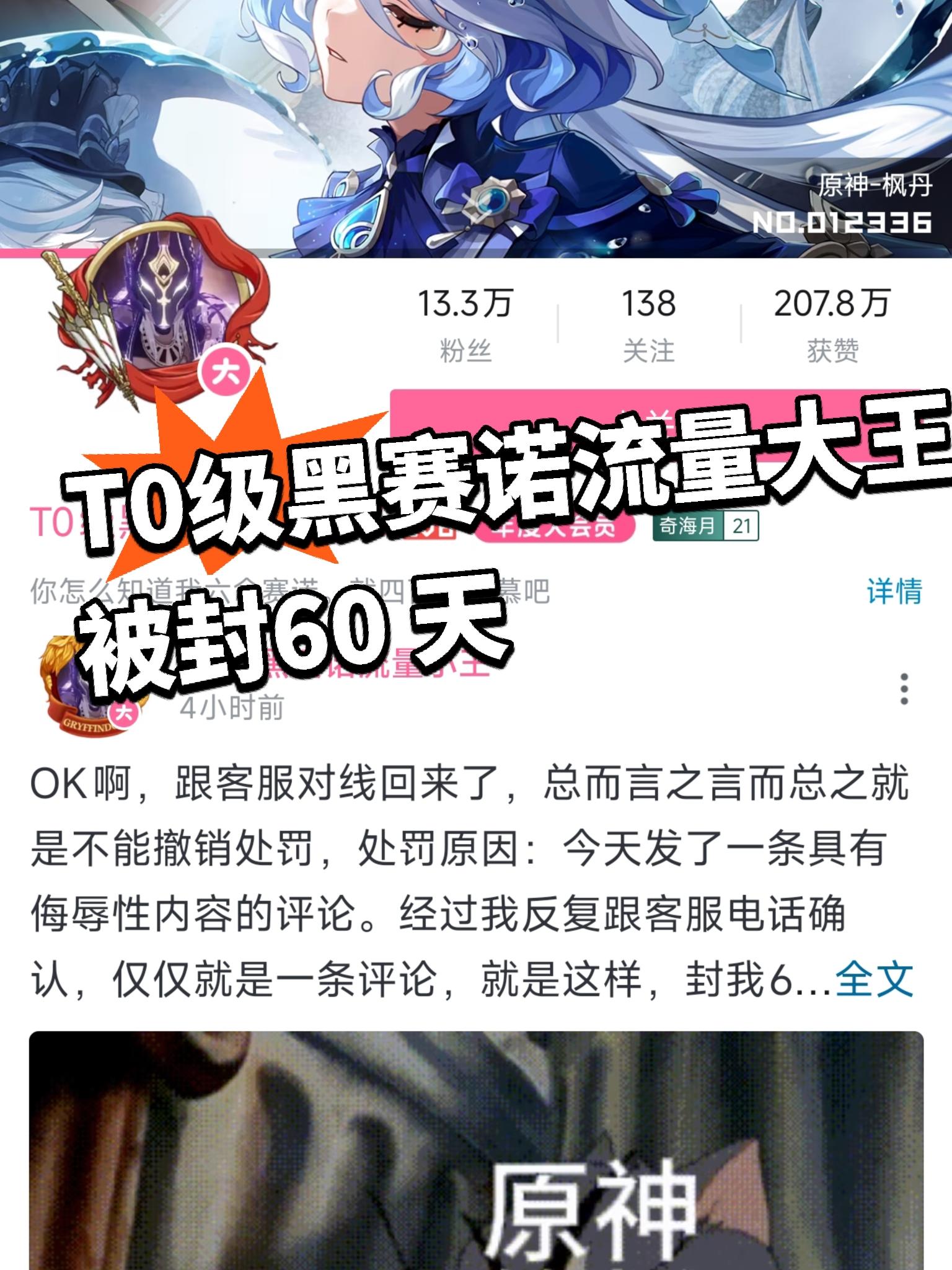 T0级黑赛诺流量大王账号被封60天 - 原神综合讨论 - TapTap 原神论坛