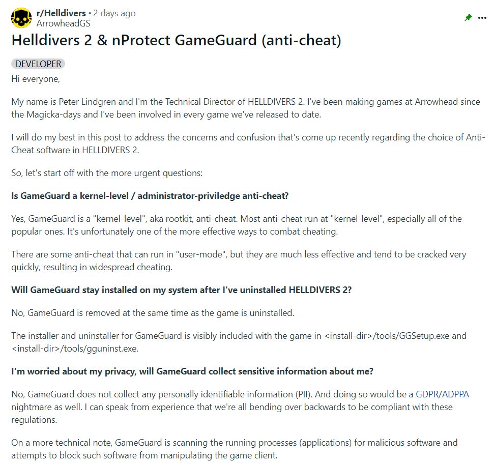 《地狱潜者2》技术总监分享GameGuard反作弊程序相关问答 - 3DM游戏网的动态 - TapTap