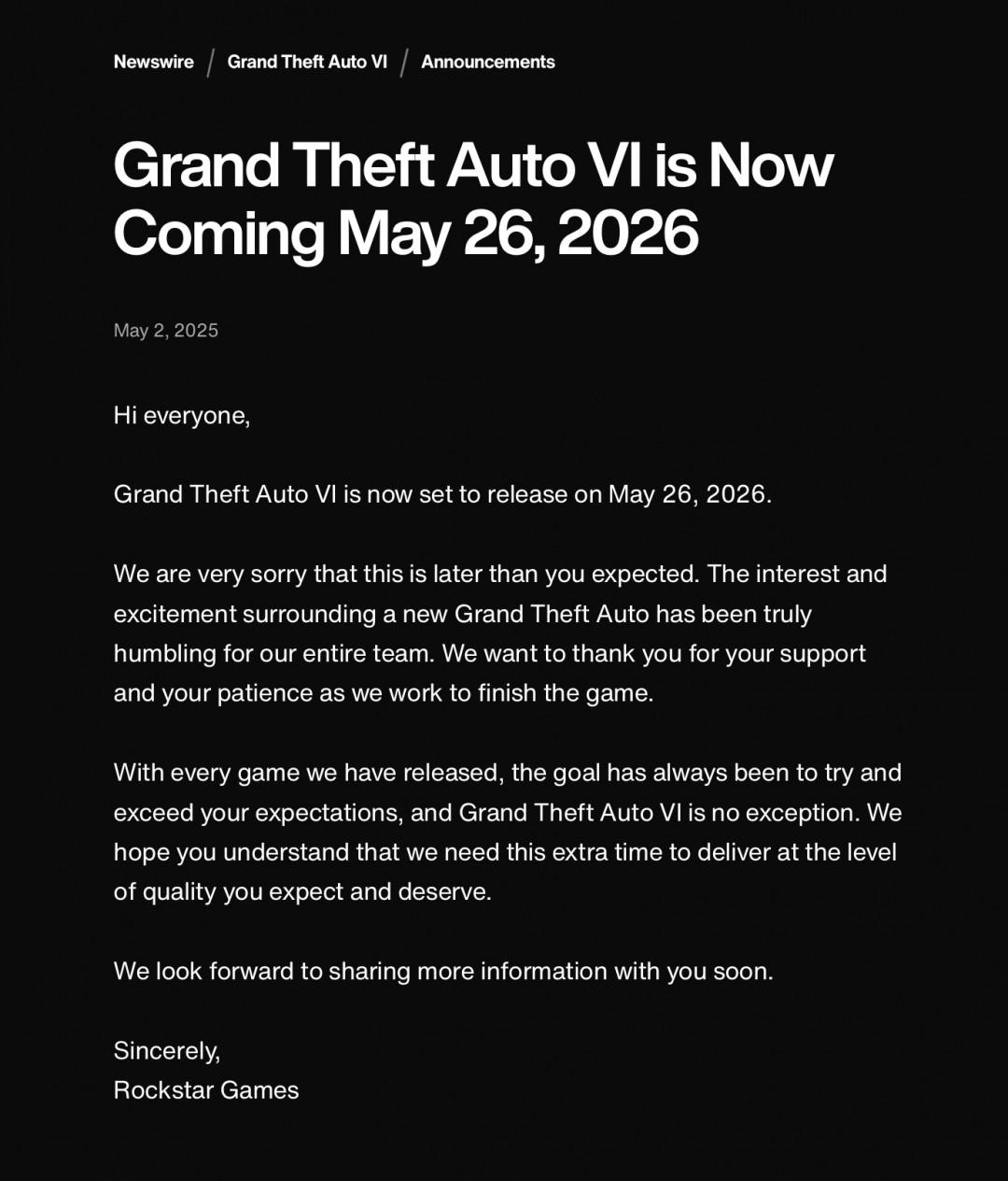 R星官宣：《GTA6》跳票到2026年5月26日 - 3DM游戏网的动态 - TapTap